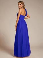 China Exquisite One-shoulder Sweetheart Ruffled A-line Zipper Pleated High Slit Sapphire Blue Tulle Graduation Dress for sale