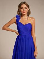 China Exquisite One-shoulder Sweetheart Ruffled A-line Zipper Pleated High Slit Sapphire Blue Tulle Graduation Dress for sale