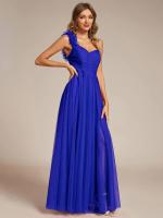 China Exquisite One-shoulder Sweetheart Ruffled A-line Zipper Pleated High Slit Sapphire Blue Tulle Graduation Dress for sale