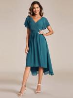 China Chic V-neck High-low Short Flutter Sleeves A-line Ruffles Midi Invisible Zipper Dusty Navy Chiffon Wedding Evening Dress for sale
