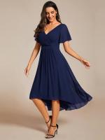 China Chic V-neck High-low Short Flutter Sleeves A-line Ruffles Midi Invisible Zipper Dusty Navy Chiffon Wedding Evening Dress for sale
