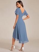 China Chic V-neck High-low Short Flutter Sleeves A-line Ruffles Midi Invisible Zipper Dusty Navy Chiffon Wedding Evening Dress for sale