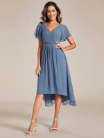 China Chic V-neck High-low Short Flutter Sleeves A-line Ruffles Midi Invisible Zipper Dusty Navy Chiffon Wedding Evening Dress for sale