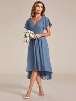 China Chic V-neck High-low Short Flutter Sleeves A-line Ruffles Midi Invisible Zipper Dusty Navy Chiffon Wedding Evening Dress for sale