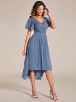 China Chic V-neck High-low Short Flutter Sleeves A-line Ruffles Midi Invisible Zipper Dusty Navy Chiffon Wedding Evening Dress for sale