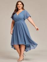 China Chic V-neck High-low Short Flutter Sleeves A-line Ruffles Midi Invisible Zipper Dusty Navy Chiffon Wedding Evening Dress for sale