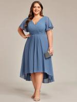 China Chic V-neck High-low Short Flutter Sleeves A-line Ruffles Midi Invisible Zipper Dusty Navy Chiffon Wedding Evening Dress for sale