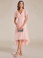 China Chic V-neck High-low Short Flutter Sleeves A-line Ruffles Midi Invisible Zipper Pink Chiffon Wedding Guest Evening Dress for sale