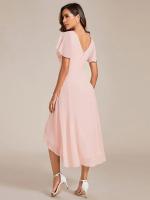 China Chic V-neck High-low Short Flutter Sleeves A-line Ruffles Midi Invisible Zipper Pink Chiffon Wedding Guest Evening Dress for sale