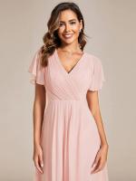 China Chic V-neck High-low Short Flutter Sleeves A-line Ruffles Midi Invisible Zipper Pink Chiffon Wedding Guest Evening Dress for sale