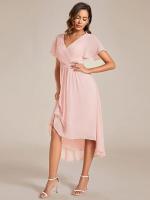 China Chic V-neck High-low Short Flutter Sleeves A-line Ruffles Midi Invisible Zipper Pink Chiffon Wedding Guest Evening Dress for sale
