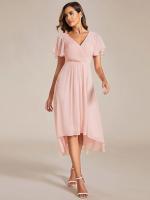 China Chic V-neck High-low Short Flutter Sleeves A-line Ruffles Midi Invisible Zipper Pink Chiffon Wedding Guest Evening Dress for sale