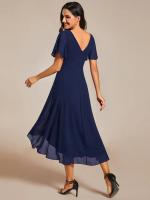 China Chic V-neck High-low Short Flutter Sleeves A-line Ruffles Midi Invisible Zipper Navy Blue Chiffon Bridesmaid Dress for sale