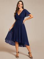 China Chic V-neck High-low Short Flutter Sleeves A-line Ruffles Midi Invisible Zipper Navy Blue Chiffon Bridesmaid Dress for sale