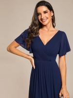China Chic V-neck High-low Short Flutter Sleeves A-line Ruffles Midi Invisible Zipper Navy Blue Chiffon Bridesmaid Dress for sale
