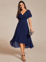 China Chic V-neck High-low Short Flutter Sleeves A-line Ruffles Midi Invisible Zipper Navy Blue Chiffon Bridesmaid Dress for sale