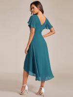 China Chic V-neck High-low Short Flutter Sleeves A-line Ruffles Midi Invisible Zipper Teal Chiffon Wedding Bridesmaid Dress for sale
