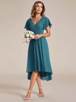 China Chic V-neck High-low Short Flutter Sleeves A-line Ruffles Midi Invisible Zipper Teal Chiffon Wedding Bridesmaid Dress for sale