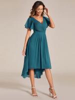 China Chic V-neck High-low Short Flutter Sleeves A-line Ruffles Midi Invisible Zipper Teal Chiffon Wedding Bridesmaid Dress for sale
