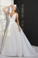 China Elegant V-neck Two Straps Custom-made Size Low Back Zipper Sweep Train Pleated White Satin Ball Gown for sale