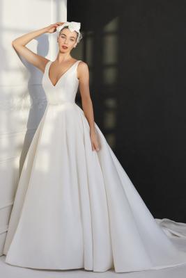 China Elegant V-neck Two Straps Custom-made Size Low Back Zipper Sweep Train Pleated White Satin Ball Gown for sale