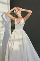 China Elegant V-neck Two Straps Custom-made Size Low Back Zipper Sweep Train Pleated White Satin Ball Gown for sale