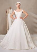 China Romantic Off-the-shoulders Scoop Neck Illusion Back Sweep Train Appliqued Lace Sweep Train White Satin Ball Gown for sale