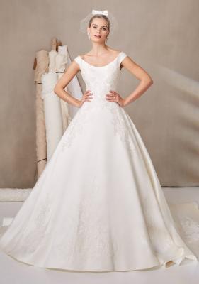 China Romantic Off-the-shoulders Scoop Neck Illusion Back Sweep Train Appliqued Lace Sweep Train White Satin Ball Gown for sale