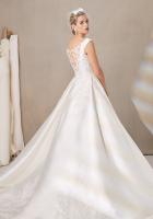 China Romantic Off-the-shoulders Scoop Neck Illusion Back Sweep Train Appliqued Lace Sweep Train White Satin Ball Gown for sale
