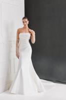 China Sexy Plus Size Zipper Strapless Pleated Court Train Fishtail White Satin Wedding Dress for sale