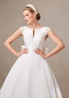 China Immaculately Plus Size Sweep Train Appliqued Lace V-neck Cap Sleeve Backless White Satin Ball Gown Wedding Dress for sale