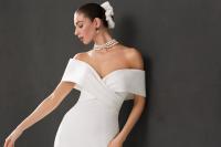 China Sexy Plus Size Court Train Bardot Neckline Off-the-shoulder Sheath Mermaid White Bride Satin Wedding Dress for sale