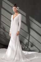 China Simply Long Sleeve Sweep Train V-neck Plunge Neckline Pleated Sheath Mermaid White Satin Bride Wedding Dress for sale