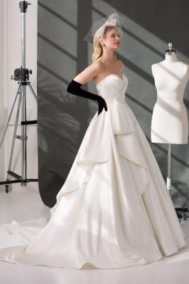 China Unique Empire Asymmetric Ruffle Pleated Court Train Zipper Sweetheart Neckline White Satin Bride Ball Gown Wedding Dress for sale