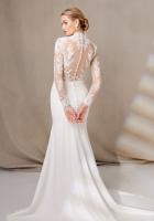 China Romantic Long Sleeve Appliqued Lace Plunge Neckline Zipper Sheath Illusion Back White Satin Bride Wedding Dress for sale