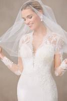 China Romantic Long Sleeve Appliqued Lace Plunge Neckline Zipper Sheath Illusion Back White Satin Bride Wedding Dress for sale