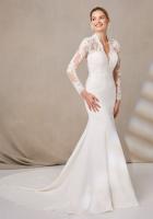 China Romantic Long Sleeve Appliqued Lace Plunge Neckline Zipper Sheath Illusion Back White Satin Bride Wedding Dress for sale