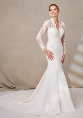 China Romantic Long Sleeve Appliqued Lace Plunge Neckline Zipper Sheath Illusion Back White Satin Bride Wedding Dress for sale