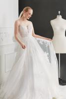 China Elegant Long Sleeve Appliqued A-line Court Train Layered Plunge Neckline White Tulle Bride Wedding Dress for sale