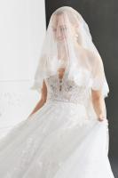 China Elegant Long Sleeve Appliqued A-line Court Train Layered Plunge Neckline White Tulle Bride Wedding Dress for sale