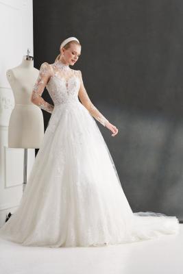 China Elegant Long Sleeve Appliqued A-line Court Train Layered Plunge Neckline White Tulle Bride Wedding Dress for sale