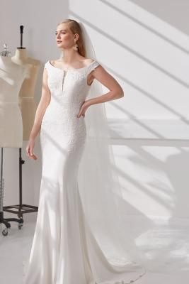China Unique Off-the-shoulder Appliqued Lace Illusion Back Zipper Sheath Mermaid Court Train White Bride Wedding Dress for sale