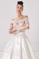China Classic Long Sleeve Off-the-shoulder Bardot Neckline Court Train Zipper Plus Size White Satin Lace Bride Wedding Dress for sale