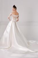 China Classic Long Sleeve Off-the-shoulder Bardot Neckline Court Train Zipper Plus Size White Satin Lace Bride Wedding Dress for sale