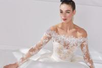 China Classic Long Sleeve Off-the-shoulder Bardot Neckline Court Train Zipper Plus Size White Satin Lace Bride Wedding Dress for sale