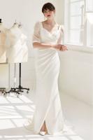 China Romantic Pleated Keyhole Back Sheath Sweep Train Organza Half Sleeve V-neck White Satin Mermaid Bride Wedding Dress for sale