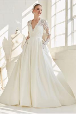 China Long Sleeve Plunge Neckline Illusion Back Appliqued Lace  Zipper Sweep Train Ruffle White Satin Ball Gown Wedding Dress for sale