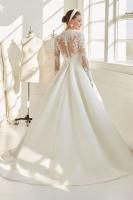 China Long Sleeve Plunge Neckline Illusion Back Appliqued Lace  Zipper Sweep Train Ruffle White Satin Ball Gown Wedding Dress for sale