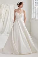 China Beautiful Custom-made Size A-line Pleated Spaghetti Strap Sweep Train V-neck Empire White Satin Wedding Dress for sale