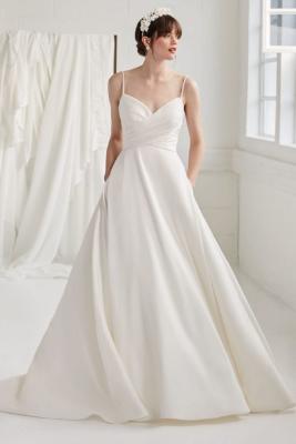 China Beautiful Custom-made Size A-line Pleated Spaghetti Strap Sweep Train V-neck Empire White Satin Wedding Dress for sale
